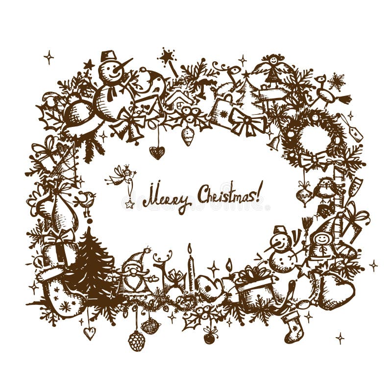 Christmas Frame, Sketch Drawing for Your Design Stock Vector ...