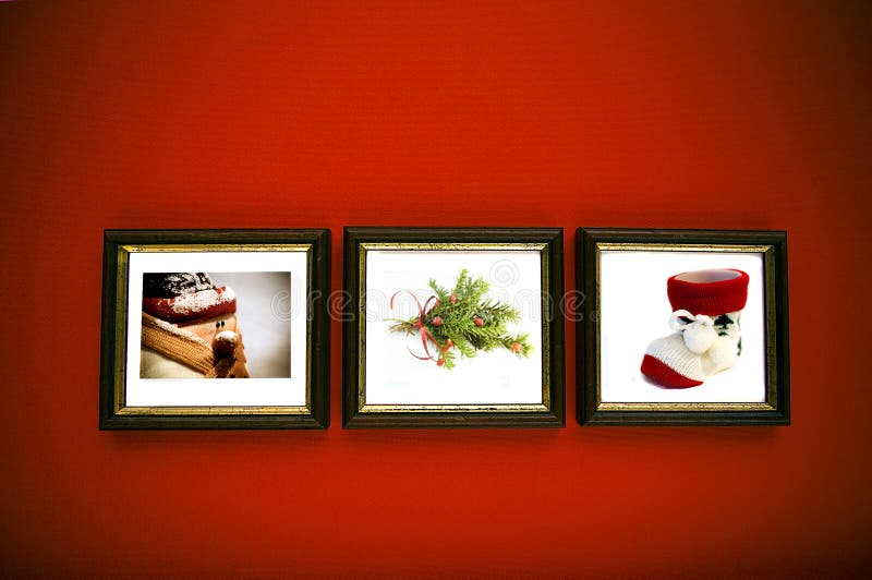 Christmas Frames on Red Wall Stock Photo - Image of decoration ...