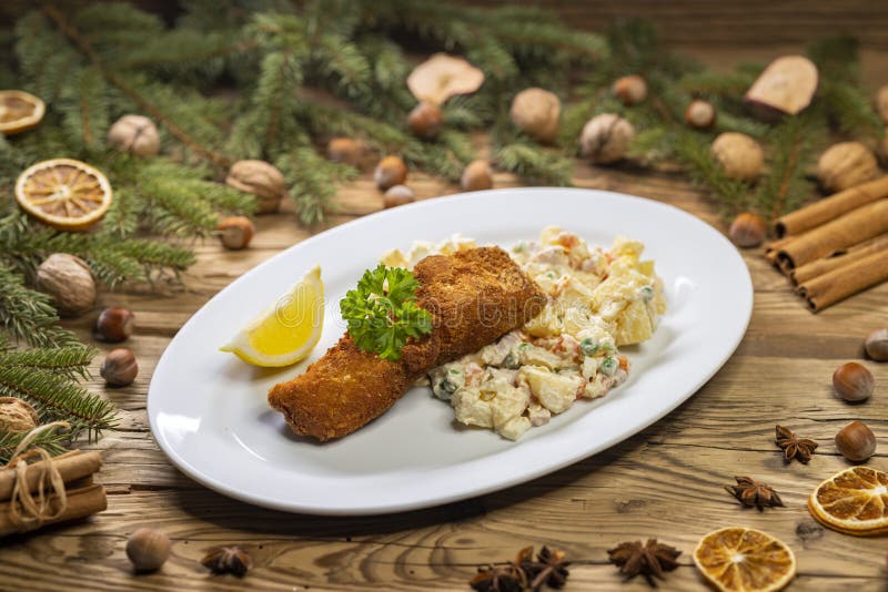Christmas Fried Carp with Potato Salad Stock Image - Image of delicious ...