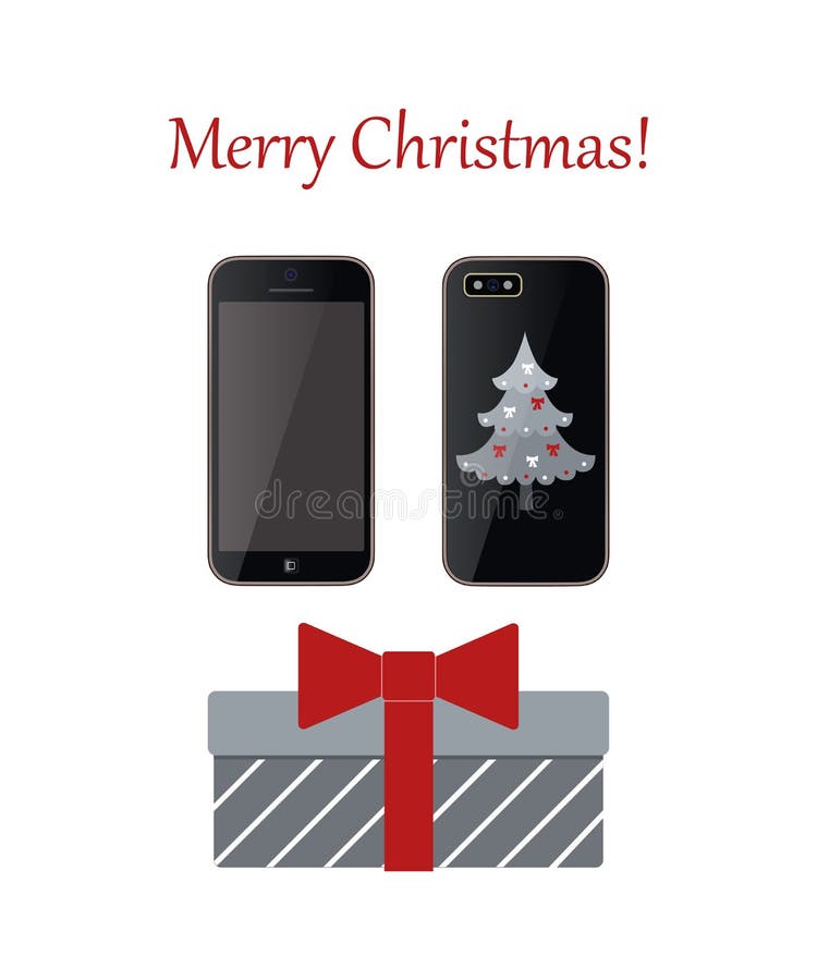 Christmas Gift. Back of Phone is Decorated Silver Christmas Tree Stock ...