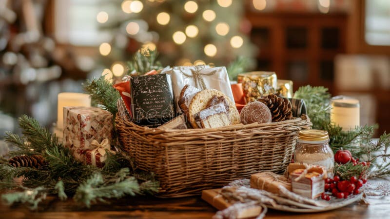 Christmas Gift Basket with Baked Goods and Decorations Stock ...