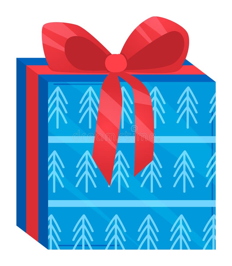 Christmas Gift Box Adorned Blue Wrapping Paper White Tree Patterns Red ...