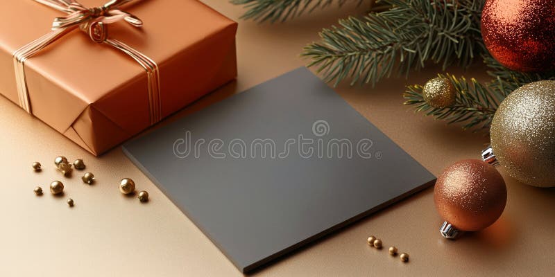 Christmas Gift Box and Baubles on Golden Holiday-Themed Tabletop Stock ...