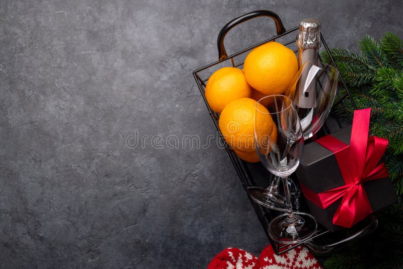 Christmas Gift Box with Champagne, Oranges and Decor Stock Image ...