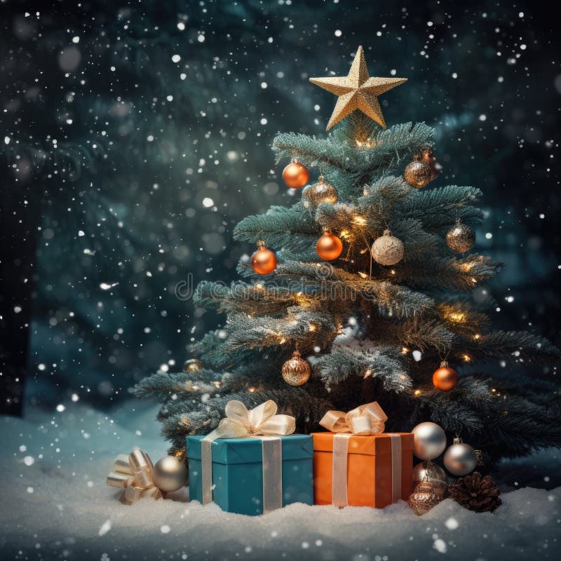 Christmas Gift Box and Decorated Pine Tree Stock Illustration ...