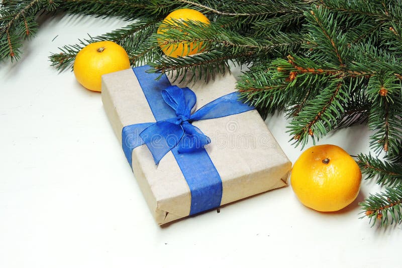 Christmas Gift Box with Decoration and Tangerines Stock Photo - Image ...