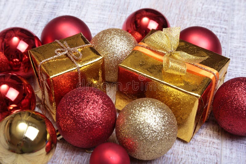Christmas Gift Box with Christmas Red Balls Stock Photo - Image of ...
