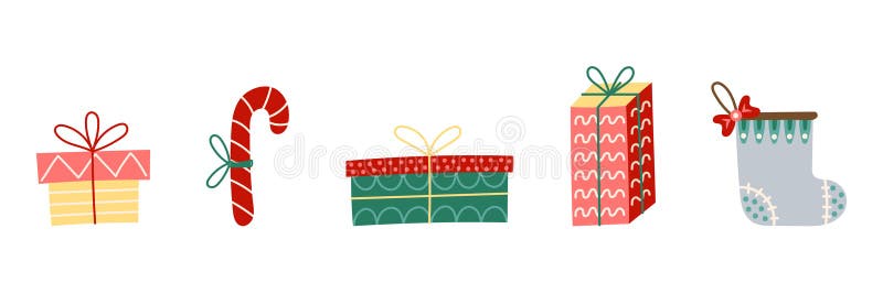 Christmas Gift Box Gift Sock and Candy Cane Set. Hand Drawn Design ...