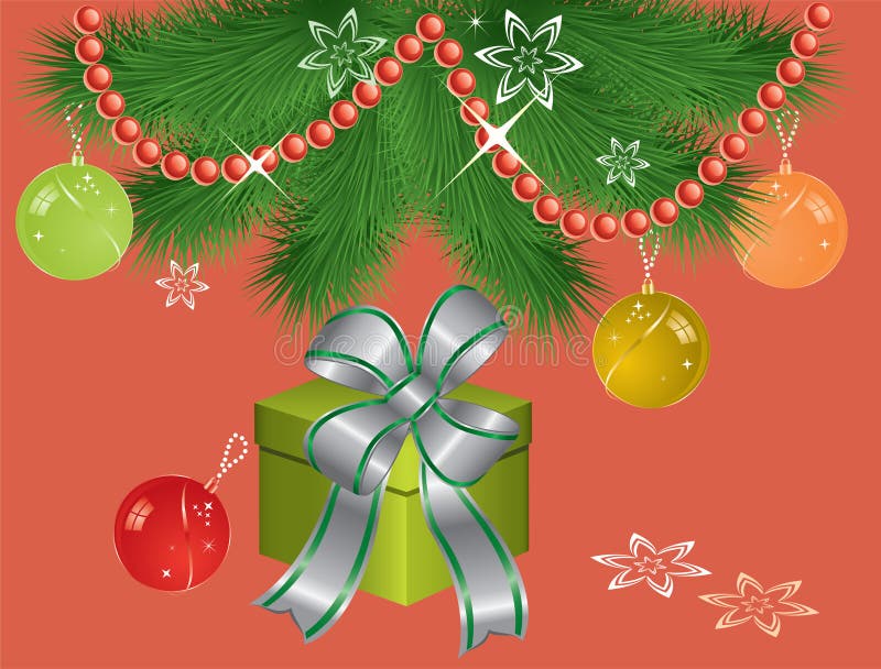 Christmas Gift Box Under Fir Tree Branches Stock Vector - Illustration ...