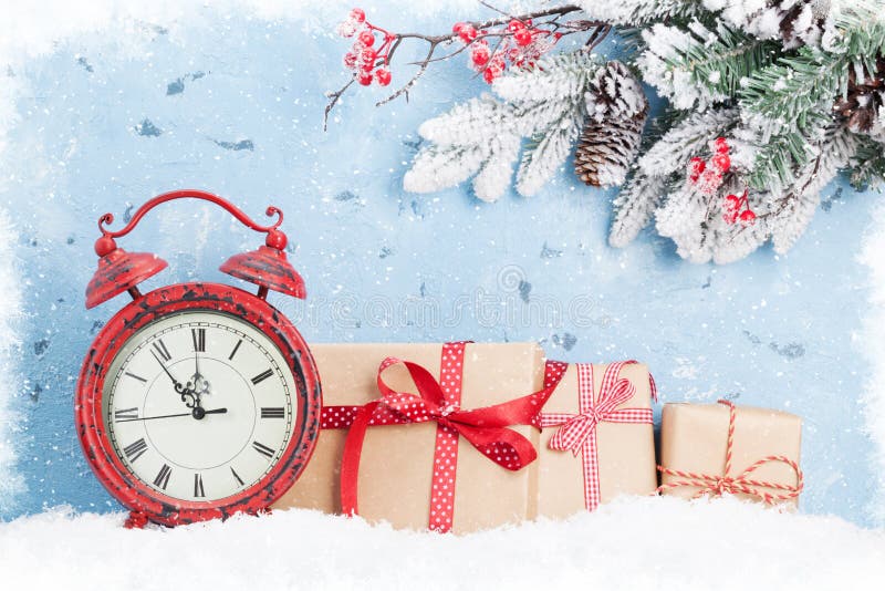 Christmas Gift Boxes, Clock and Fir Tree Stock Photo - Image of slate ...