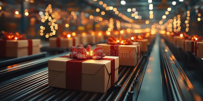 Christmas Gift Boxes on Conveyor Belt with Festive Lights in Warehouse ...