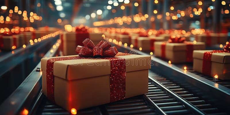 Christmas Gift Boxes on Conveyor Belt in Festive Warehouse with Lights ...