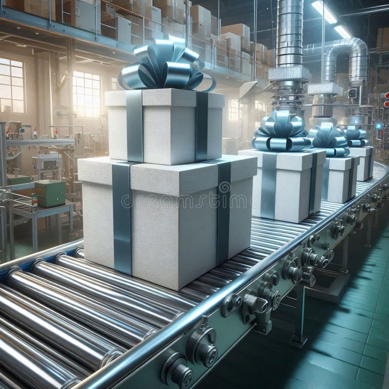Christmas Gift Boxes on a Conveyor Belt Production Line Illustration ...