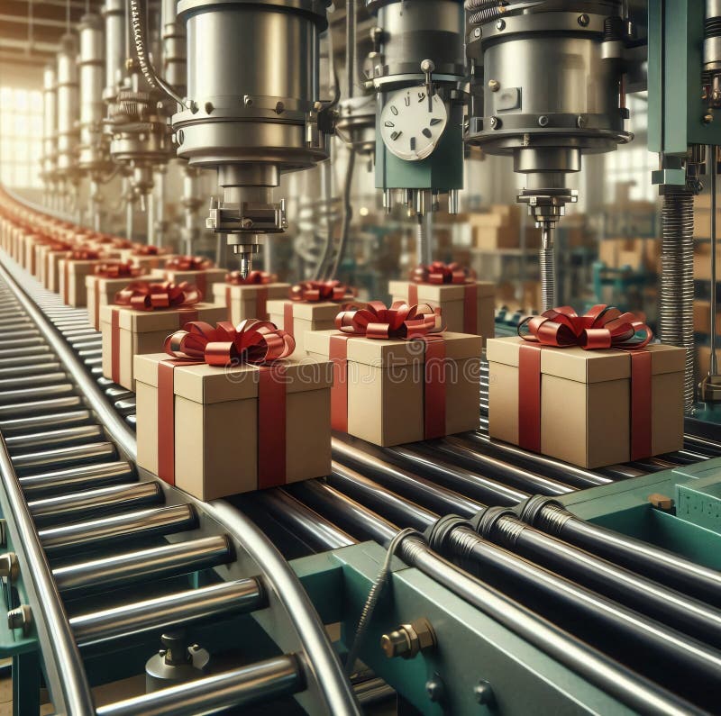 Christmas Gift Boxes on a Conveyor Belt Production Line Illustration ...
