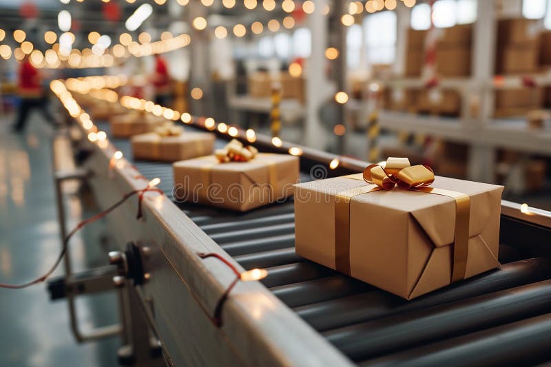 Christmas Gift Boxes on Conveyor Belt in Warehouse Closeup Stock ...