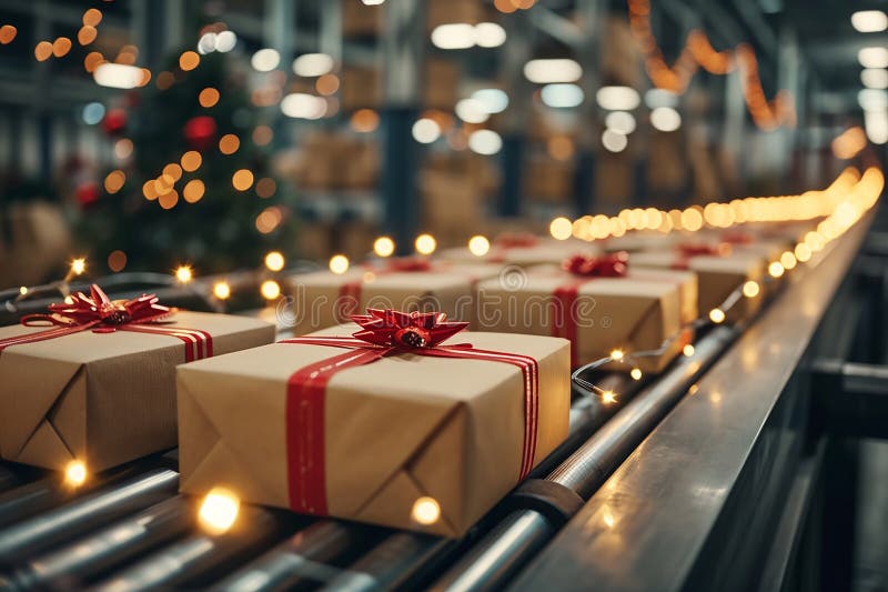Christmas Gift Boxes on Conveyor Belt in Warehouse Closeup Stock ...