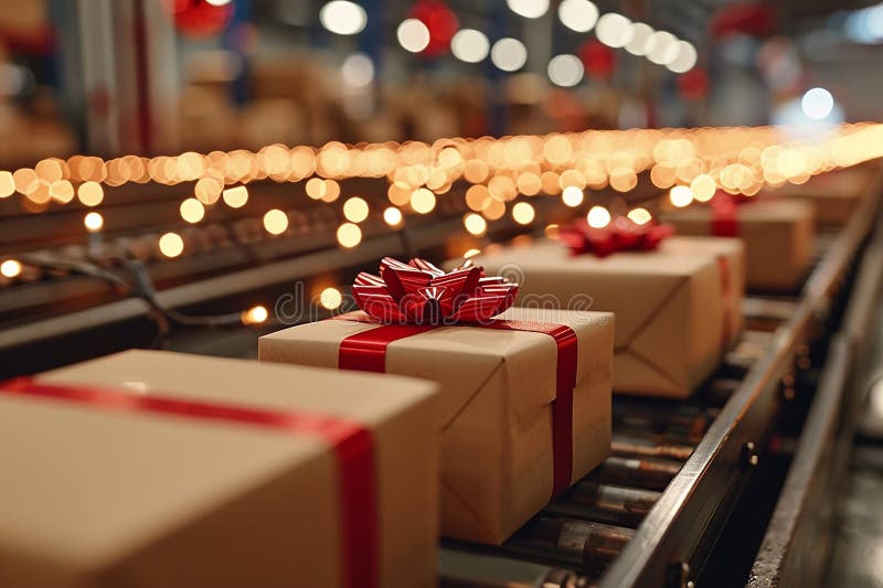 Christmas Gift Boxes on Conveyor Belt in Warehouse Closeup Stock ...