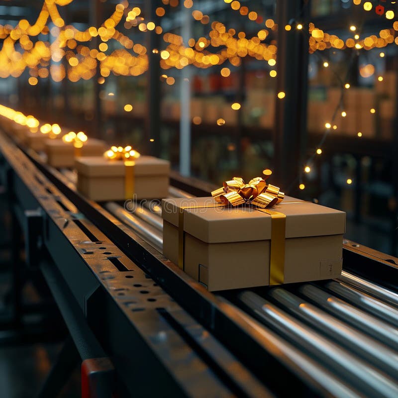 Christmas Gift Boxes on Conveyor Belt in Warehouse Closeup Stock ...