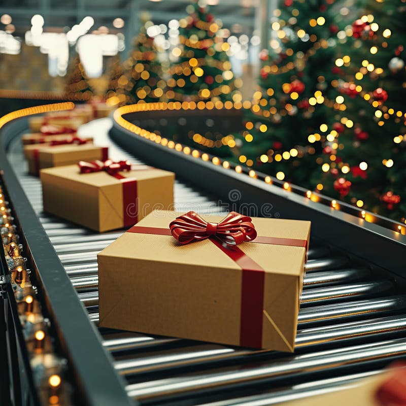 Christmas Gift Boxes on Conveyor Belt in Warehouse Closeup Stock ...