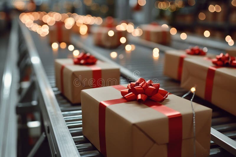 Christmas Gift Boxes on Conveyor Belt in Warehouse Closeup Stock ...