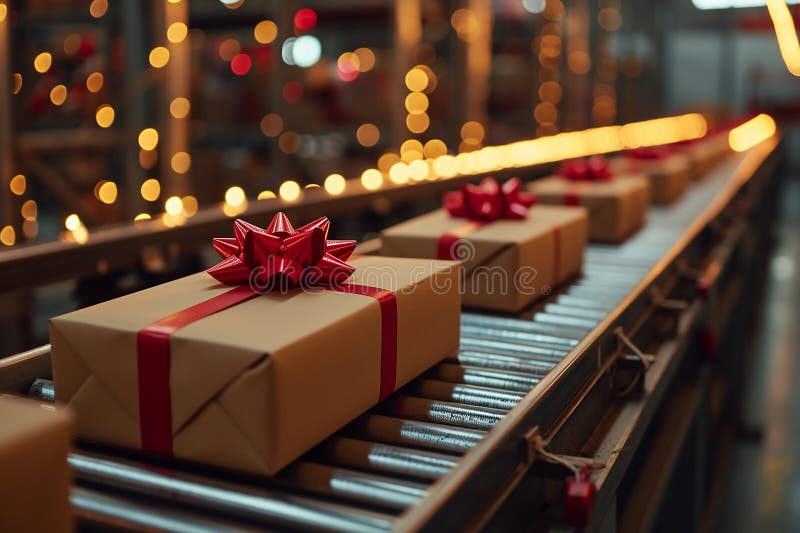 Christmas Gift Boxes on Conveyor Belt in Warehouse Closeup Stock ...