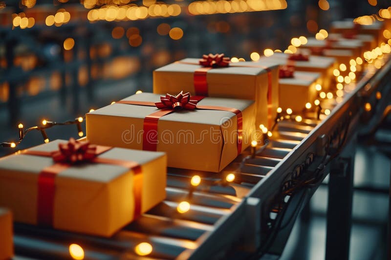 Christmas Gift Boxes on Conveyor Belt in Warehouse Closeup Stock ...