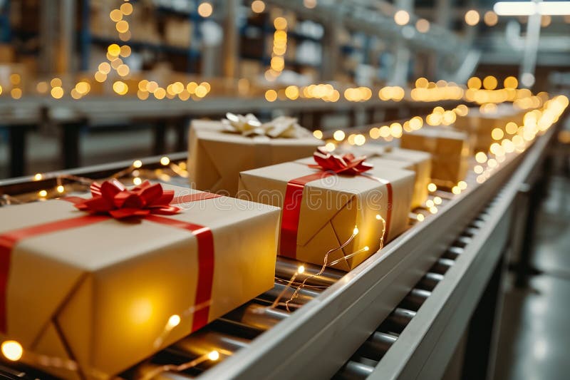 Christmas Gift Boxes on Conveyor Belt in Warehouse Closeup Stock ...