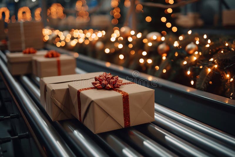 Christmas Gift Boxes on Conveyor Belt in Warehouse Closeup Stock ...