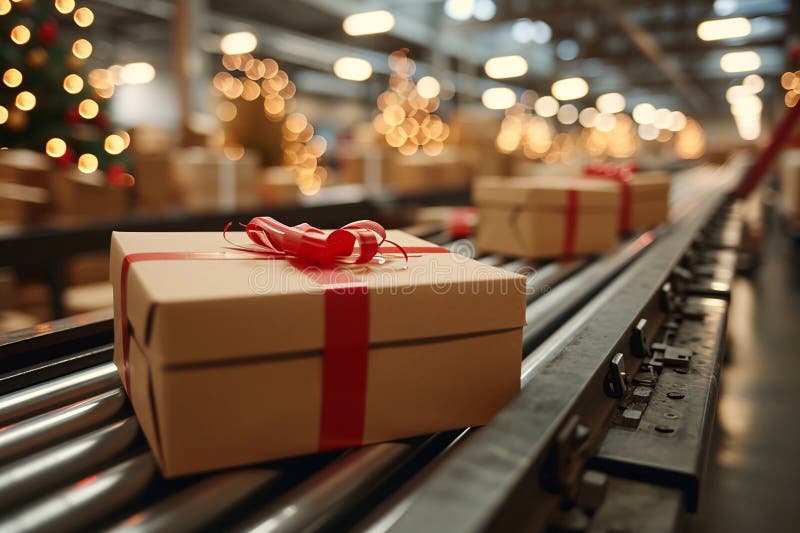 Christmas Gift Boxes on Conveyor Belt in Warehouse Closeup Stock ...
