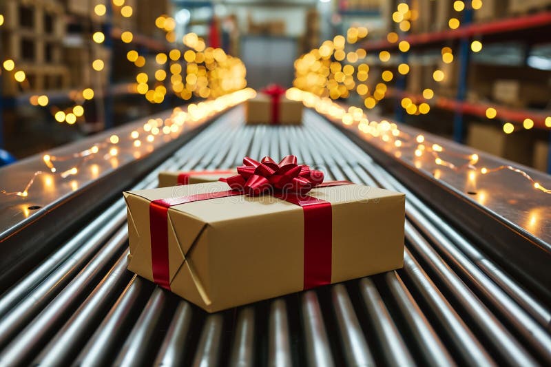 Christmas Gift Boxes on Conveyor Belt in Warehouse Closeup Stock ...