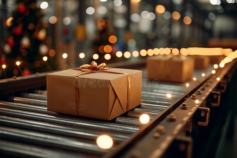 Christmas Gift Boxes on Conveyor Belt in Warehouse Closeup Stock ...