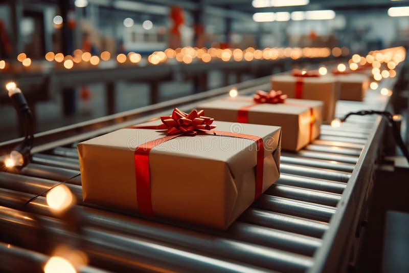 Christmas Gift Boxes on Conveyor Belt in Warehouse Closeup Stock ...