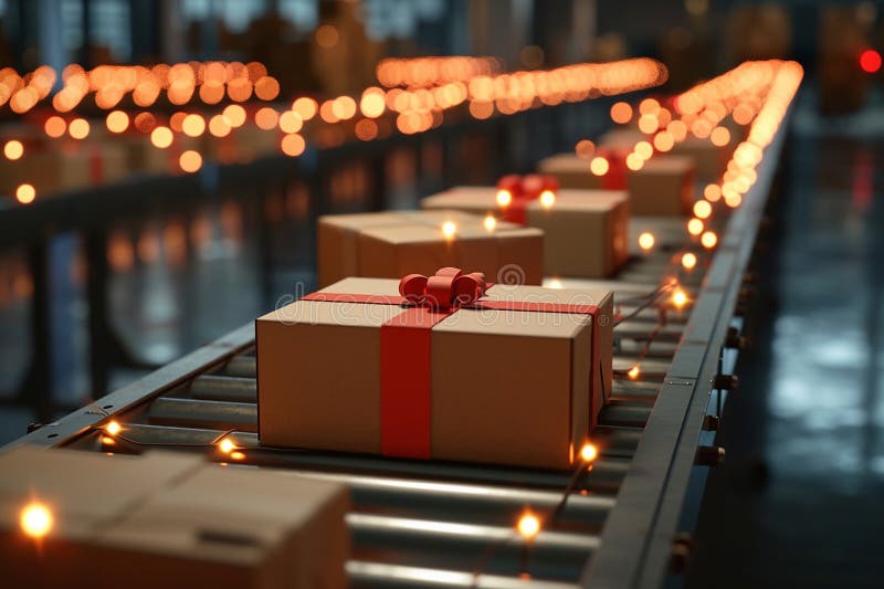 Christmas Gift Boxes on Conveyor Belt in Warehouse Closeup Stock ...