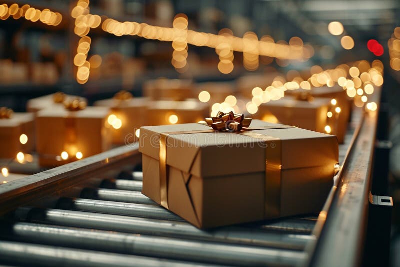 Christmas Gift Boxes on Conveyor Belt in Warehouse Closeup Stock ...