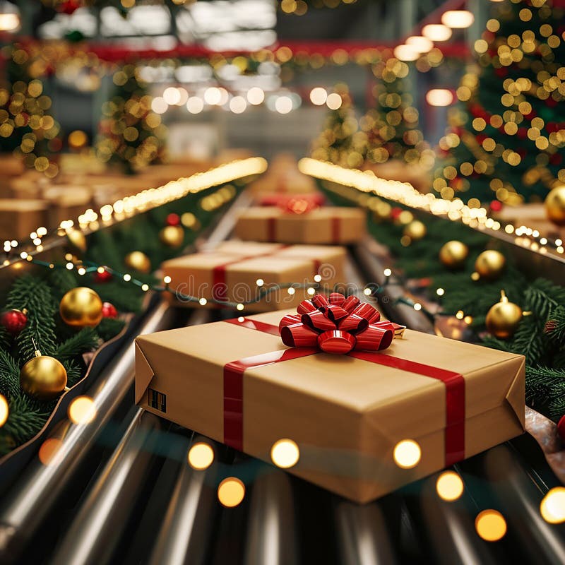 Christmas Gift Boxes on Conveyor Belt in Warehouse Closeup Stock ...