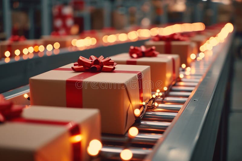 Christmas Gift Boxes on Conveyor Belt in Warehouse Closeup Stock ...