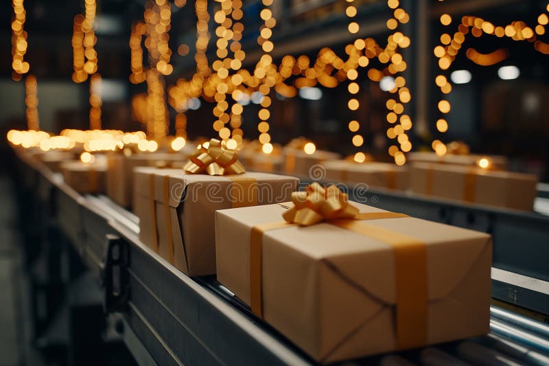 Christmas Gift Boxes on Conveyor Belt in Warehouse Closeup Stock ...