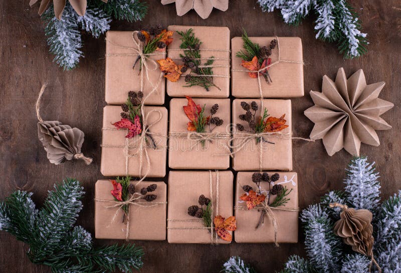 Christmas Gift Boxes in Craft Paper Stock Photo - Image of winter ...