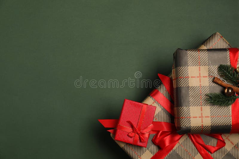Christmas Gift Boxes on Dark Green Background, Top View. Space for Text ...