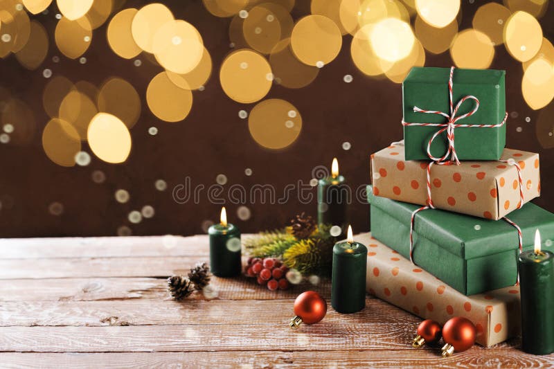 Christmas Gift Boxes with Decoration on the Table Stock Image - Image ...