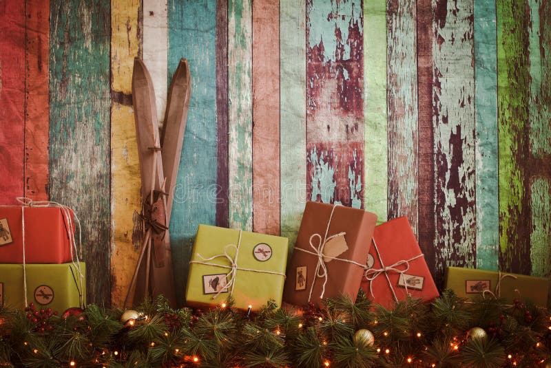 Christmas Gift Boxes in Front of Wooden Wall. Stock Photo - Image of ...