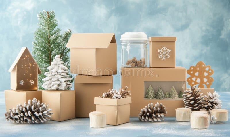 Christmas Gift Boxes, Pinecones, and Decorations, Festive Winter Scene ...