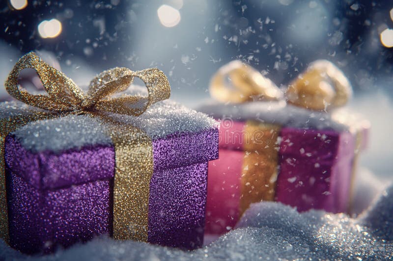 Christmas Gift Boxes and Presents in the Snow. Christmas and Winter ...