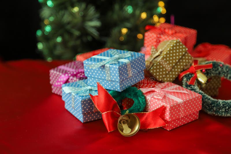 Christmas Gift Boxes on the Red Cloth Stock Photo - Image of case ...