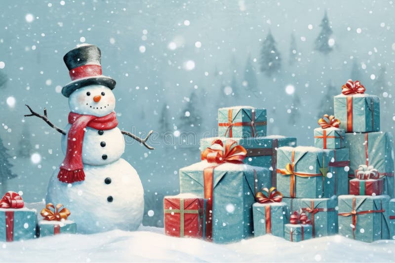Christmas Gift Boxes on Snow with Snowman. Generative AI Stock ...