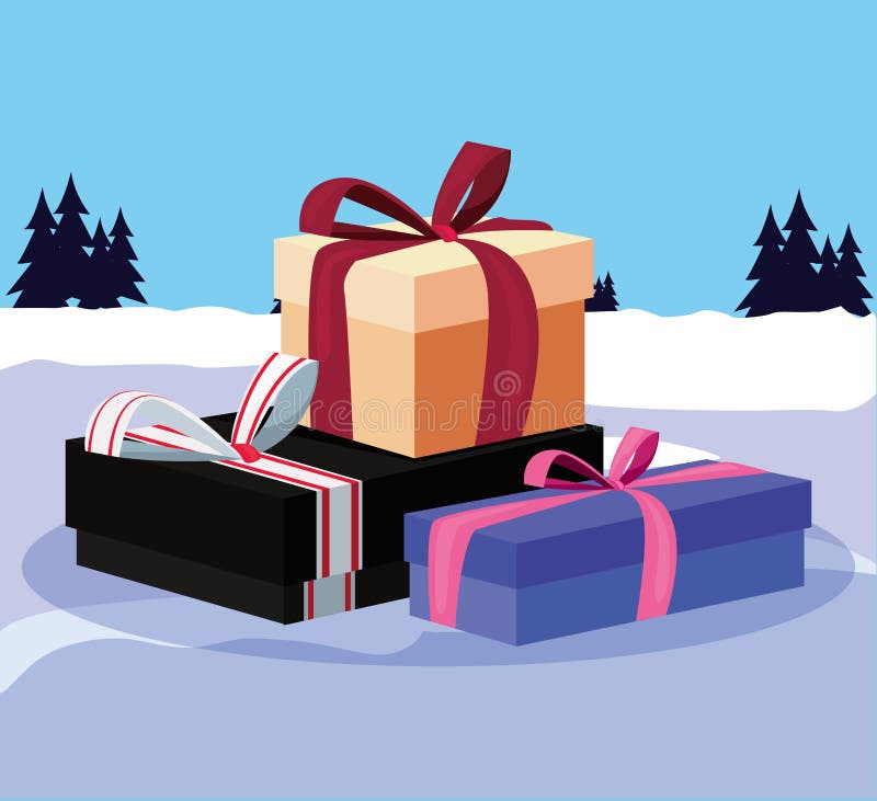 Christmas Gift Boxes in the Winter Landscape Stock Vector ...