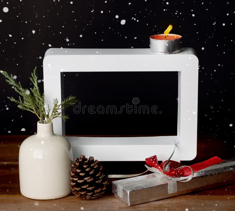 Christmas Gift with Empty Picture Frame on Wooden Table Stock Image ...