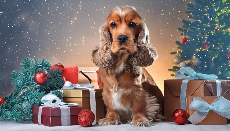 Christmas Gift English Cocker Spaniel Young Dog is Posing Stock ...