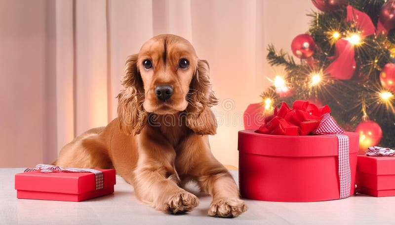 Christmas Gift English Cocker Spaniel Young Dog is Posing Stock ...