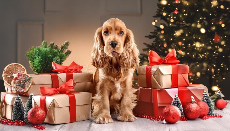 Christmas Gift English Cocker Spaniel Young Dog is Posing Stock ...